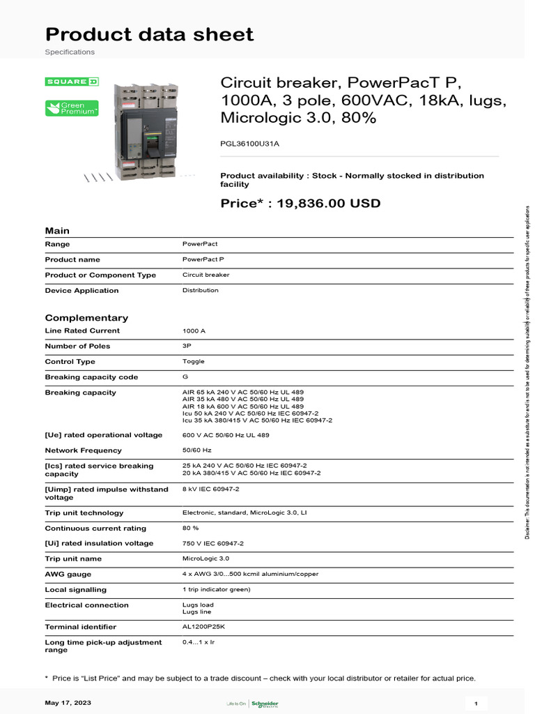 PowerPacT P-Frame Molded Case Circuit Breakers - PGL36100U31A | PDF ...