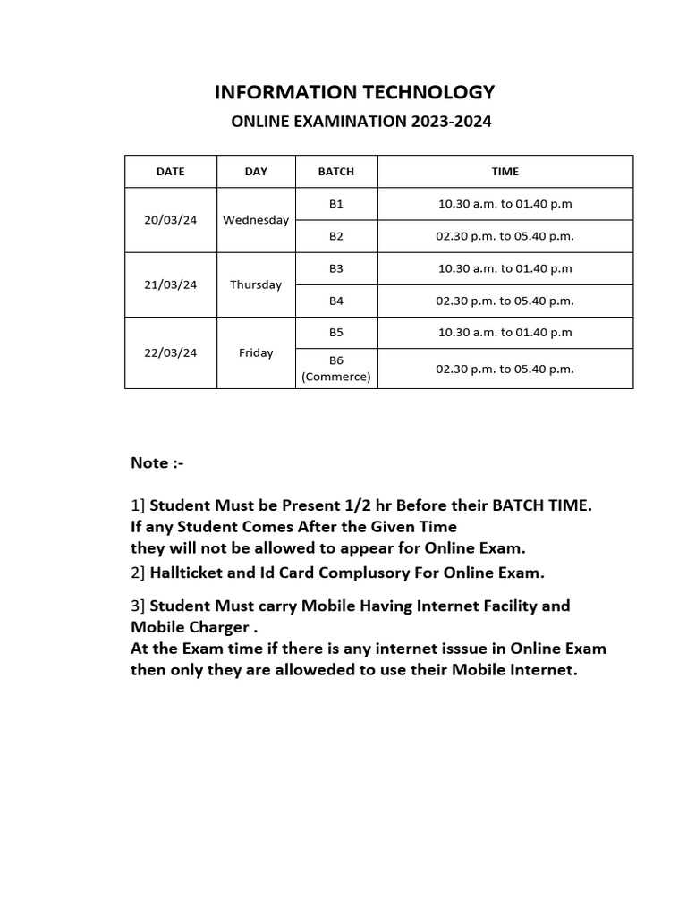HSC IT Online Exam Batchwise Timetable 2024 | PDF | Schools | Secondary ...
