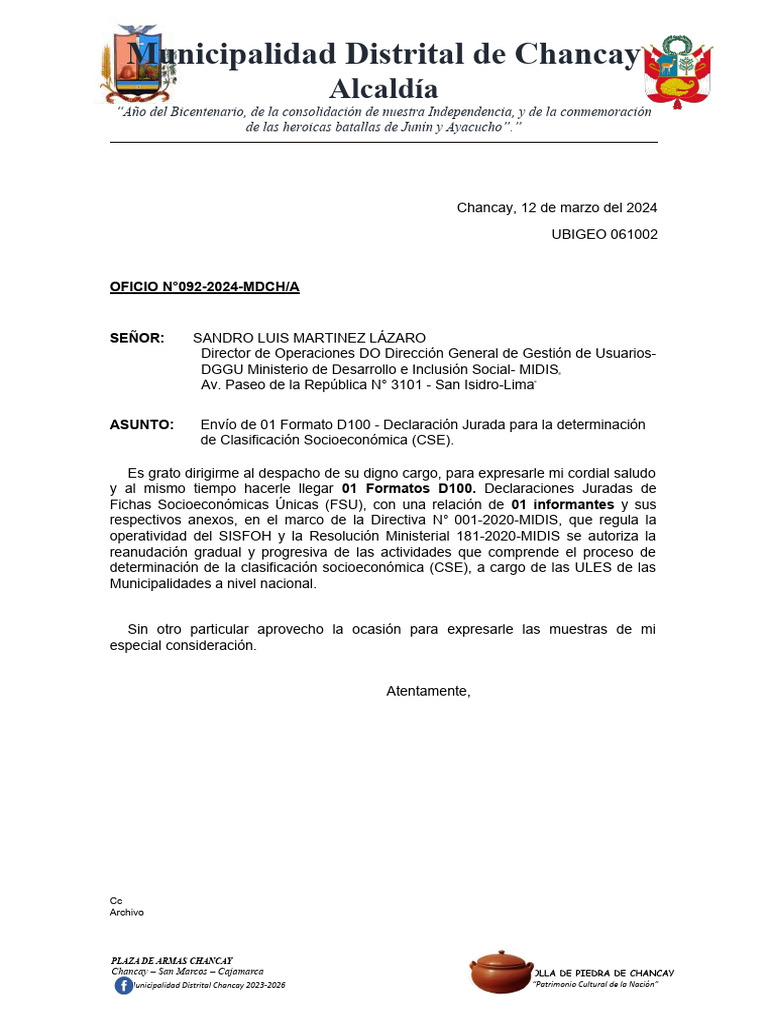 Oficio N°-000-2024 Mdch-A | PDF | Ciencias sociales