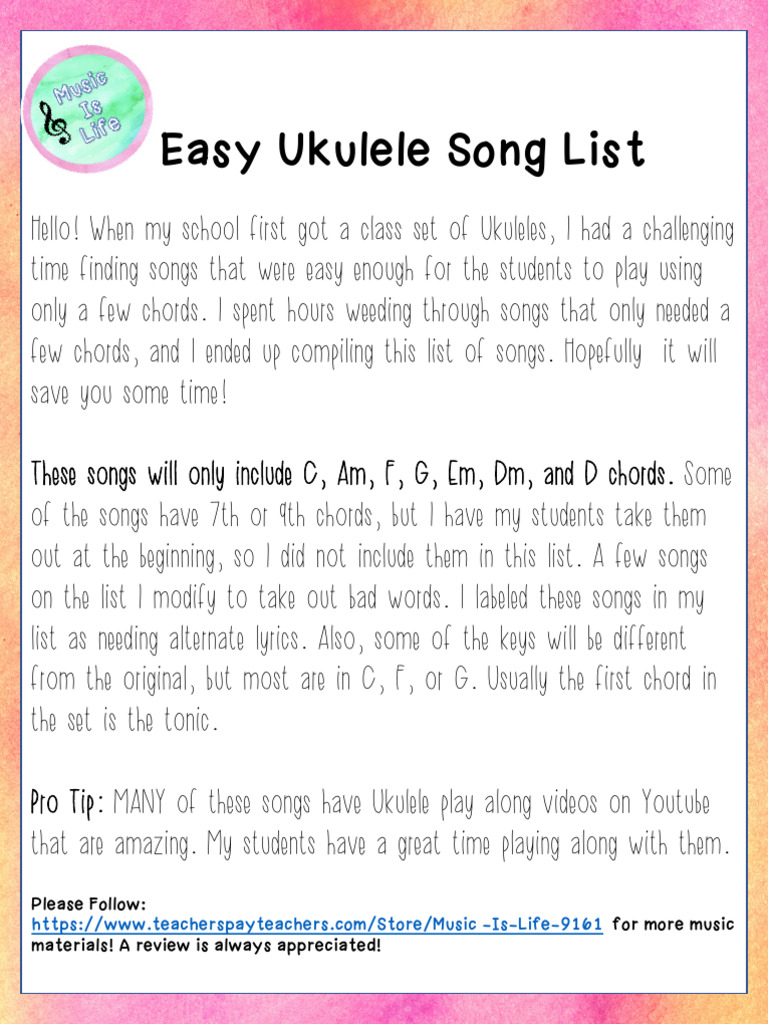 Easy Ukulele Song List: These Songs Will Only Include C, Am, F, G, Em ...