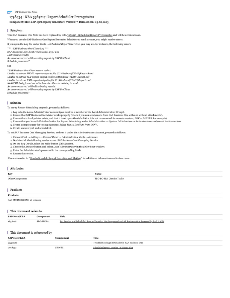 KBA 3369217: Report Scheduler Setup | PDF | Computing | Software