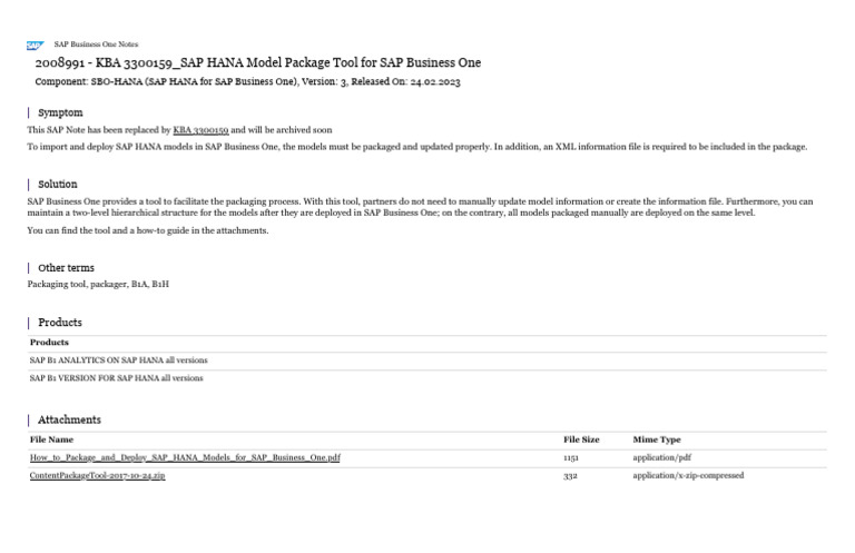 KBA 3300159 - SAP HANA Model Package Tool For SAP Business One | PDF