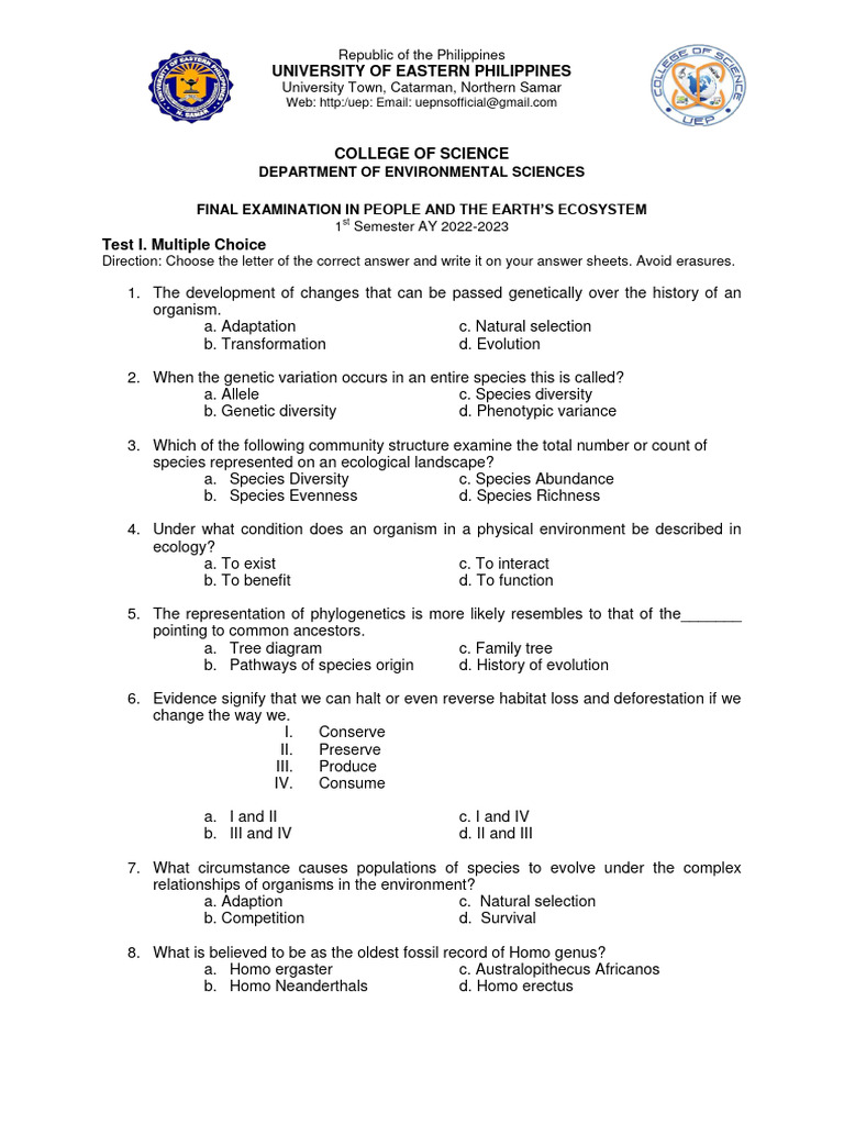 Final Examination in People and The Earths Ecosystem | PDF | Species ...