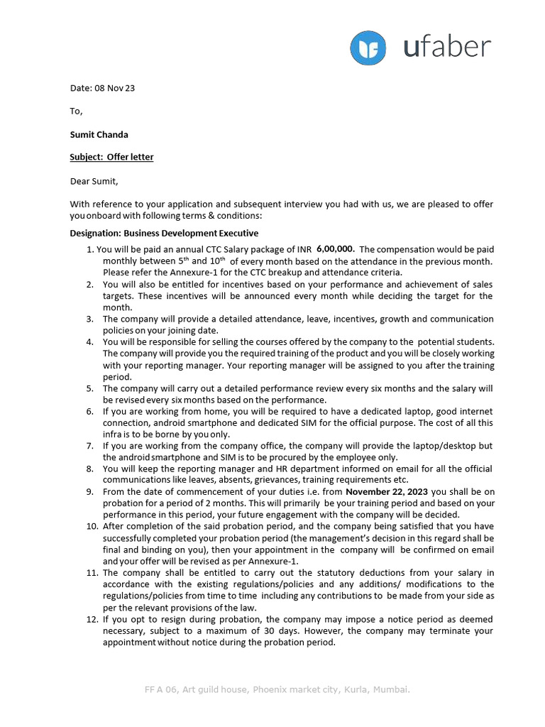 Subham Swain - BDE - Offer Letter | PDF | Employment | Salary