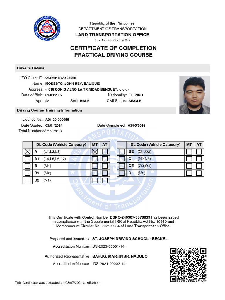 Certificate of Completion: Practical Driving Course | PDF