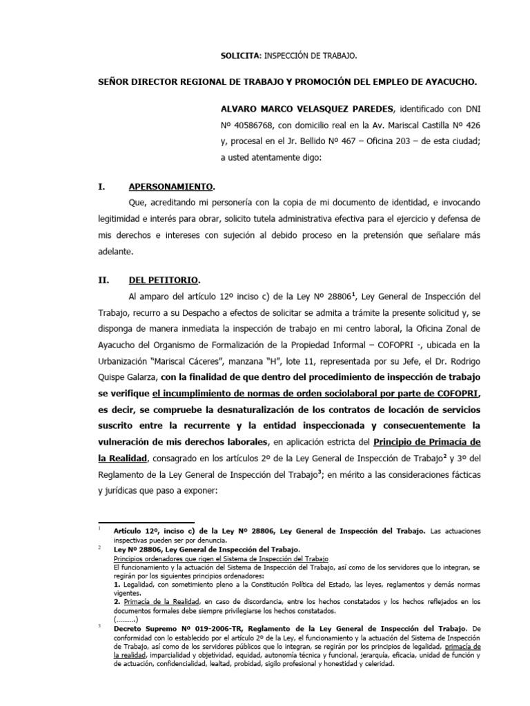 Solicita Inspección de Trabajo | PDF | Derecho laboral | Justicia