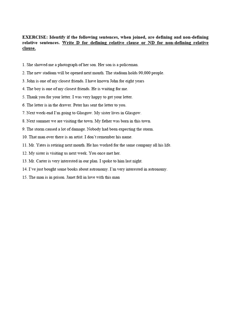 Exercises Identifying Defining Non Defining Relative Clauses | PDF