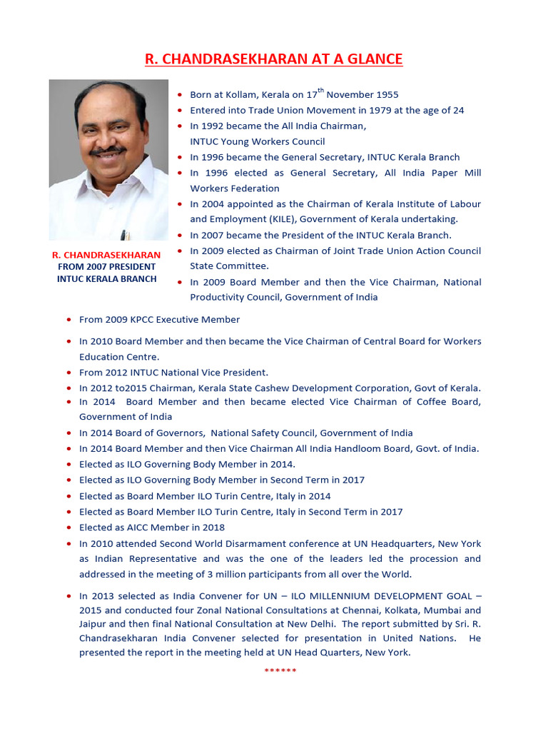 R. Chandrasekharan: INTUC Kerala President | PDF | International Labour ...