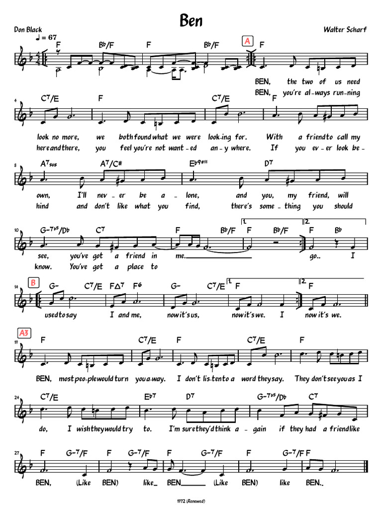 Ben Lead Sheet With Lyrics and Accompaniment | PDF