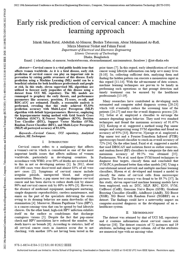 Early Risk Prediction Of Cervical Cancer A Machine Learning Approach