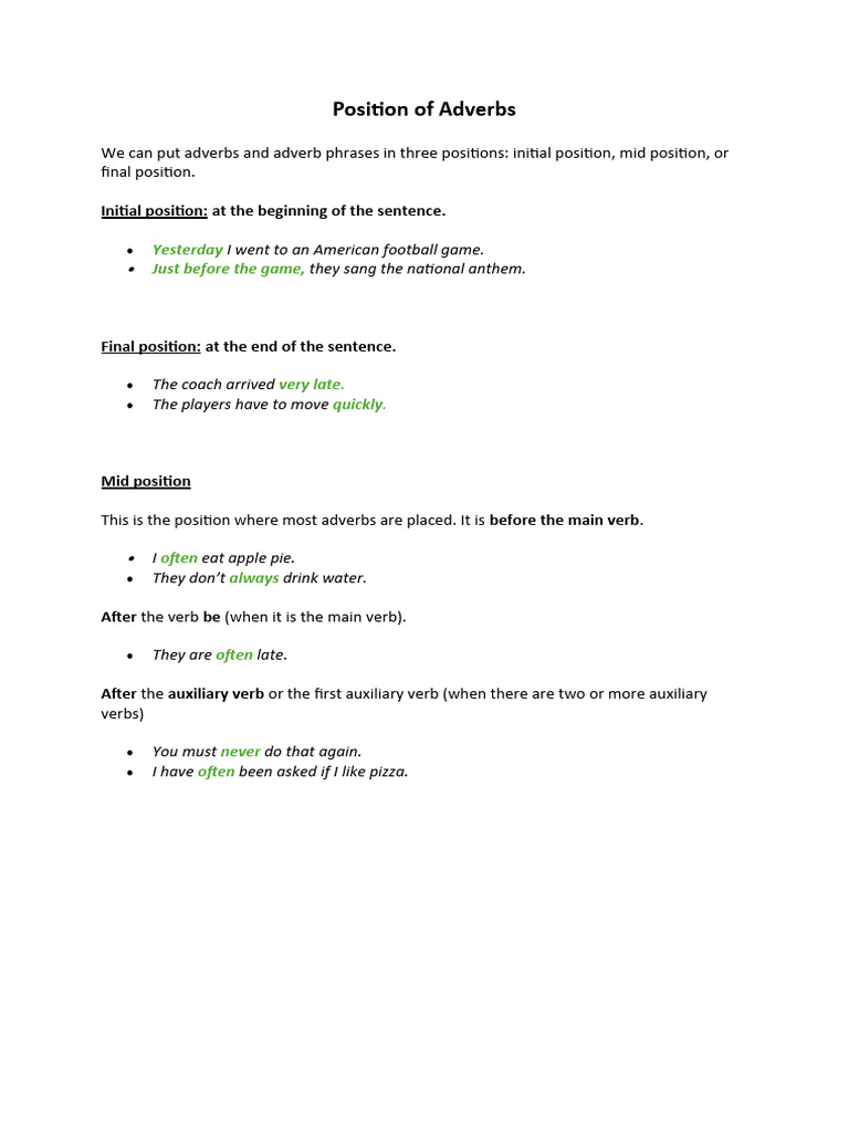 Position of Adverbs | Download Free PDF | Adverb | Verb