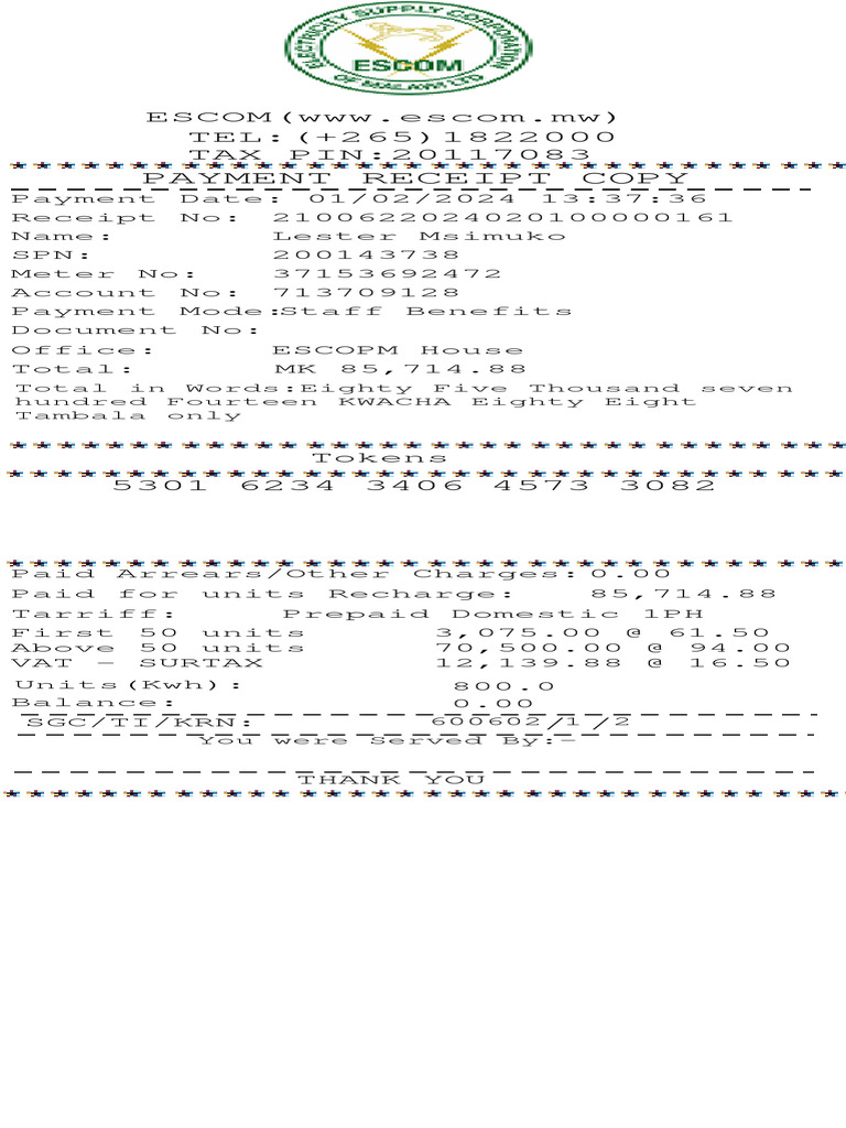 Payment Receipt Copy: ESCOM (WWW - Escom.mw) TEL: (+265) 1822000 TAX ...