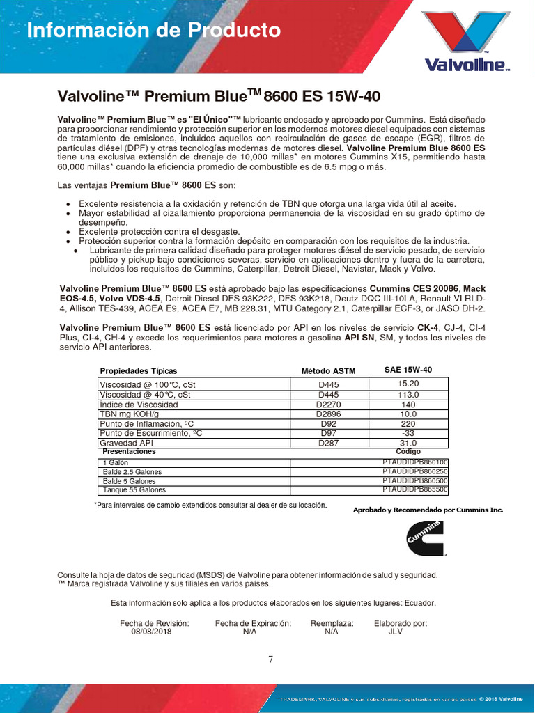 7 Premium Blue 8600 CK-4 | PDF | Motor diesel | Combustibles