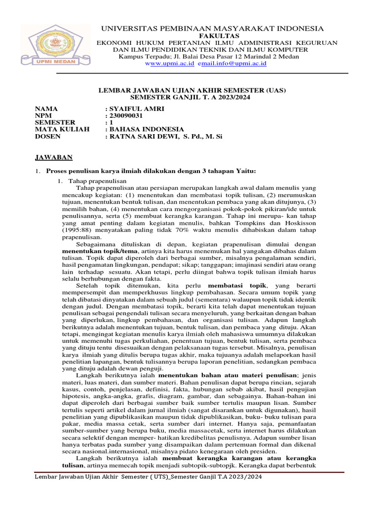 Format Lembar Jawaban Uas BHS Ind Syaiful Amri NPM 230090031 | PDF | Seni & Disiplin Bahasa ...
