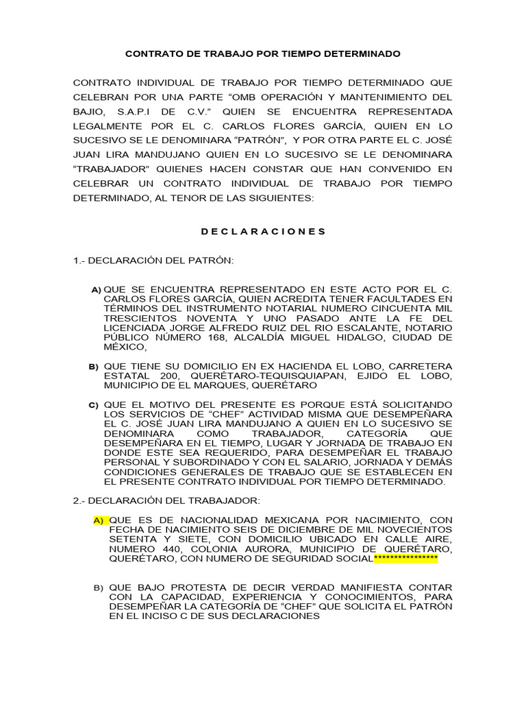 Contrato Chef 2021 | PDF | Salario