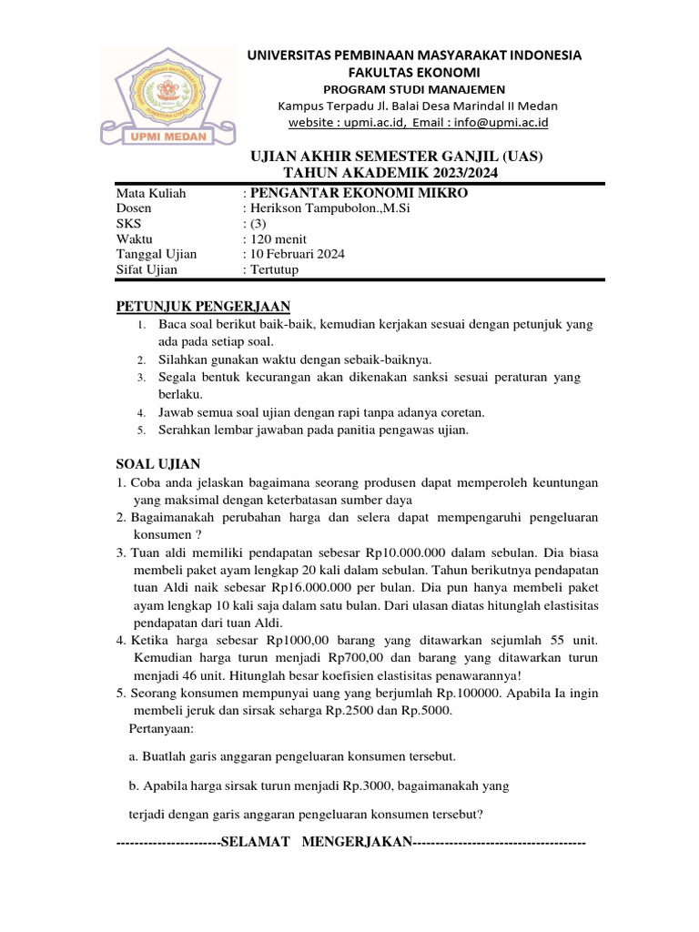 FORMAT LEMBAR JAWABAN UAS PENGANTAR EKONOMI MIKRO SYAIFUL AMRI NPM 230090031 | PDF