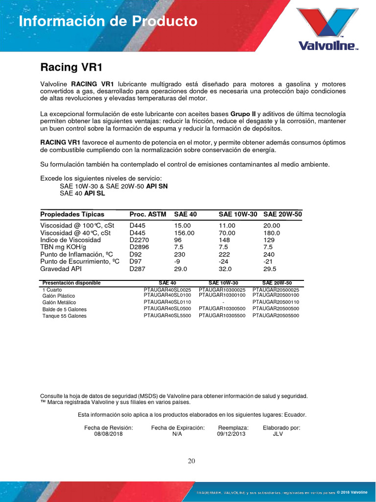 20 Racing VR1 | PDF | Lubricante