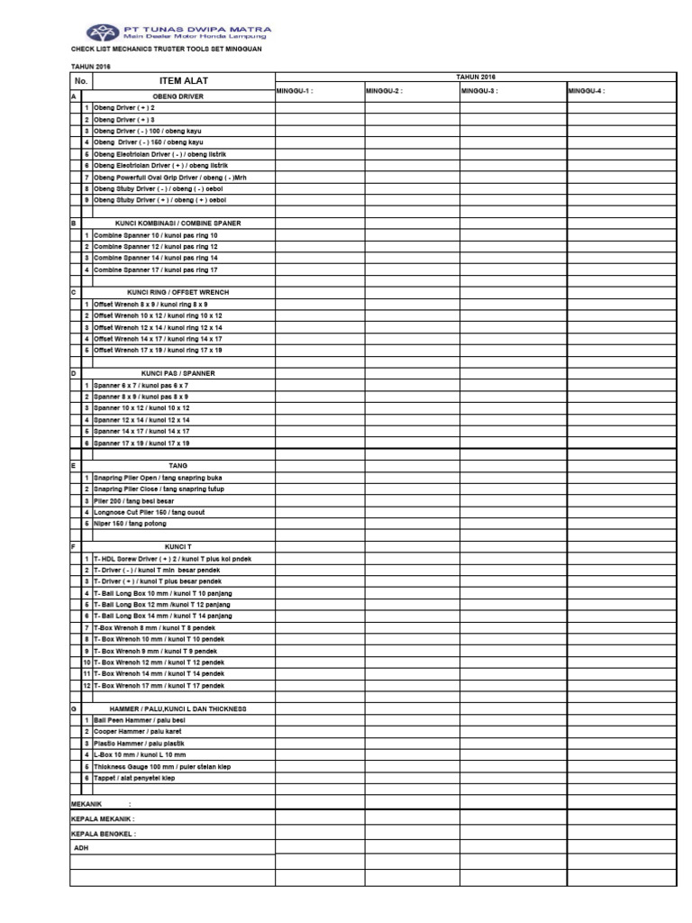 Checklist Tool Rusak Mekanik | PDF