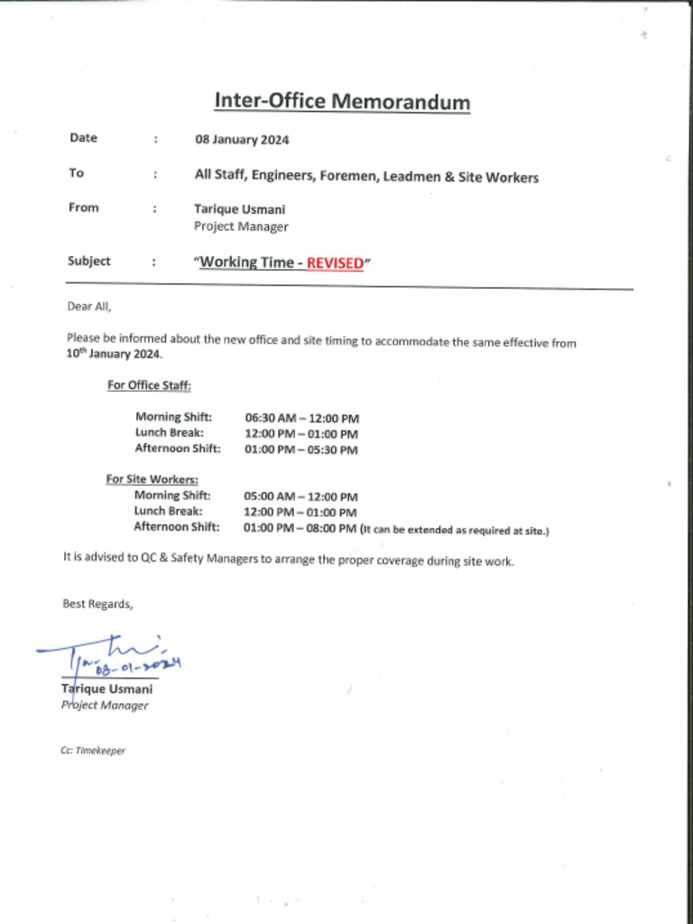 Internal Memo-Working Time | PDF