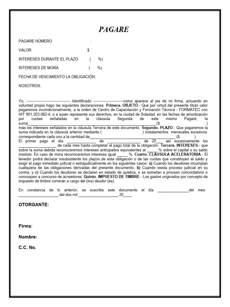Pagare y Carta de Instrucciones Formatec | PDF | Pagos