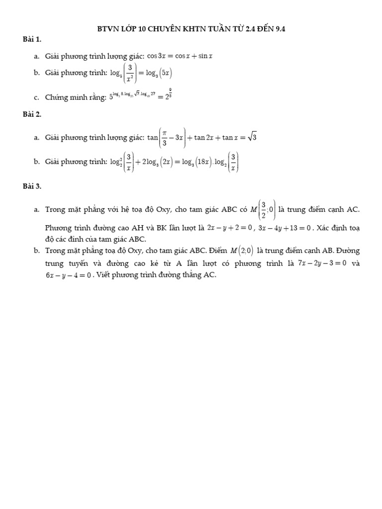BTVN LỚP 10 CHUYÊN KHTN TUẦN TỪ 2.4 ĐẾN 9.4 | PDF