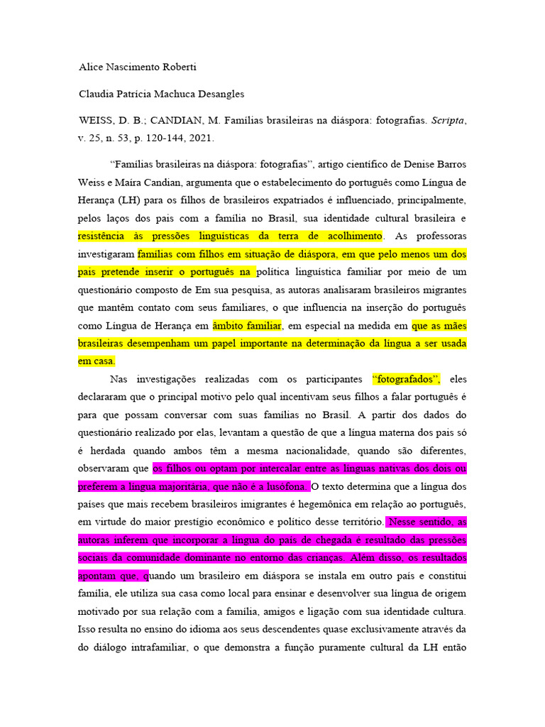 Resumo de Artigo Científico | PDF | Brasileiros | Família
