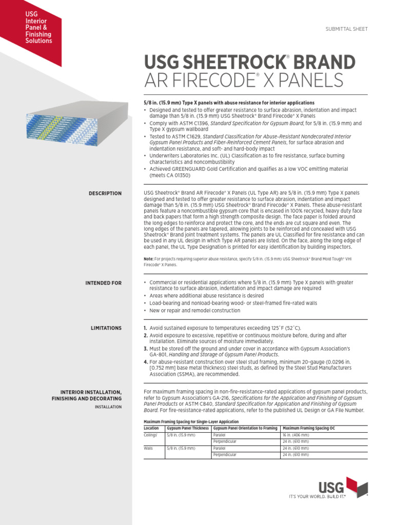 Sheetrock Gypsum Panels Ar Regular Firecode Core Submittal WB2133 | PDF ...