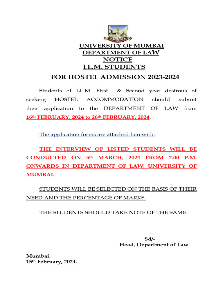 Notice Hostel Admission 2023 2024 | Download Free PDF | Justice | Crime & Violence