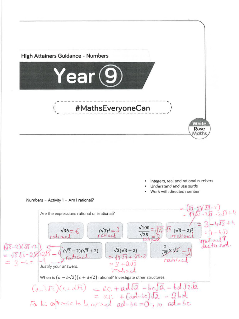 Answer Key For Year 9 Extension Task On Numbers Unit | PDF