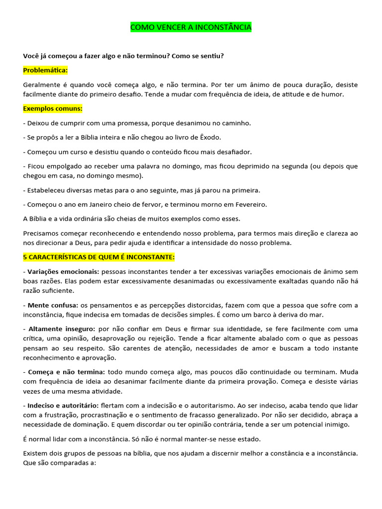 Como Vencer A Inconstância | PDF | Bíblia | Pensamento