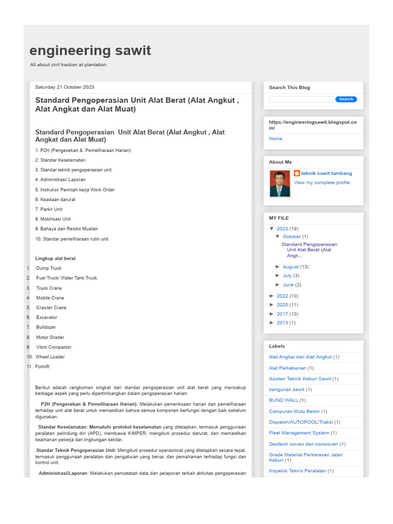 engineering sawit- Standard Pengoperasian Unit Alat Berat (Alat Angkut , Alat Angkat dan Alat ...
