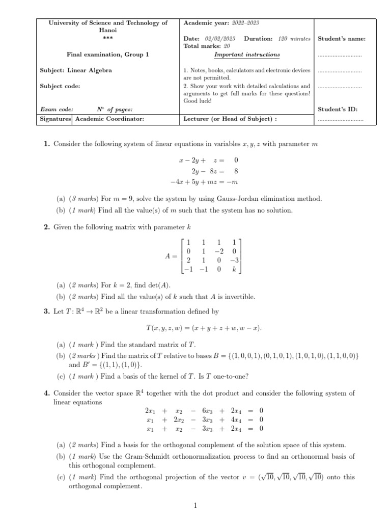 Solution FinalLA USTH2022-2023 Group1 | PDF | Eigenvalues And Eigenvectors | Basis (Linear Algebra)