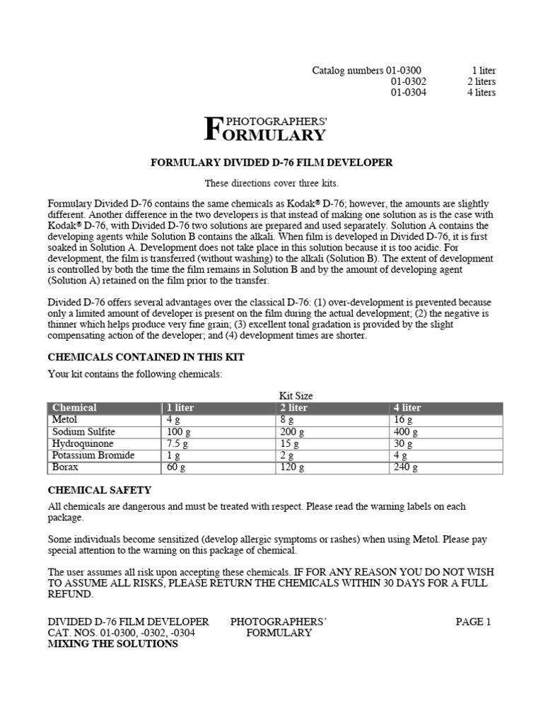 Divided D-76 Film Developer Instructions | PDF | Potassium | Chemistry