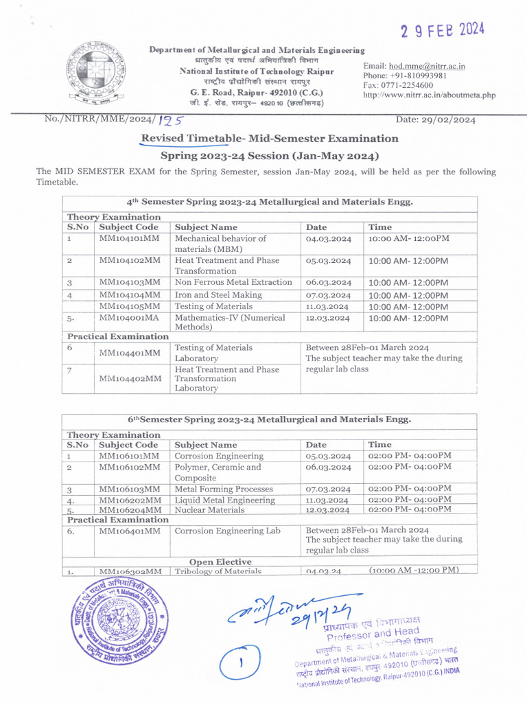 Revised Timetable-Mid-Semester Examination Spring 2023-24 Session (Jan ...