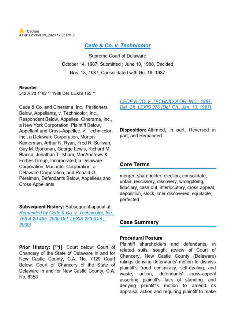 Cede & Co. v. Technicolor: Shareholder Fraud Case | PDF | Legal Remedy ...
