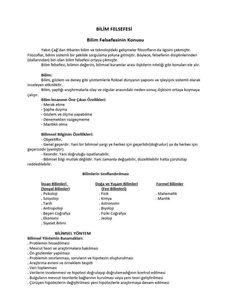 10.sınıf Bilim Felsefesi Ders Özeti | PDF