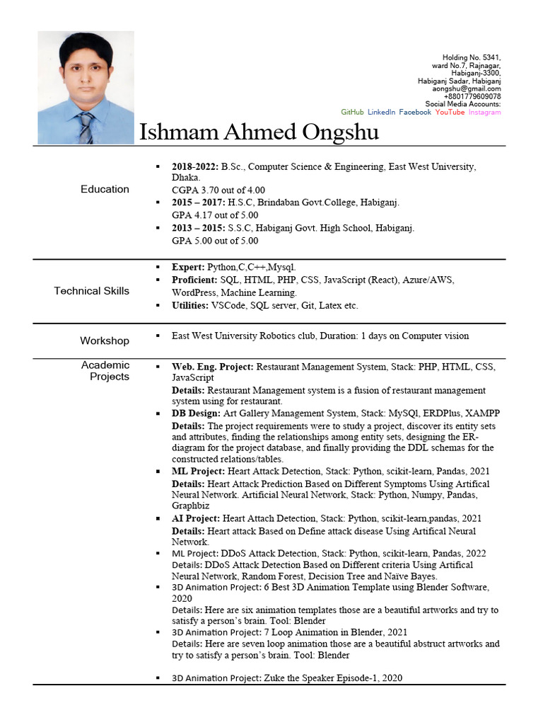CV Ishmam | PDF | My Sql | Computing