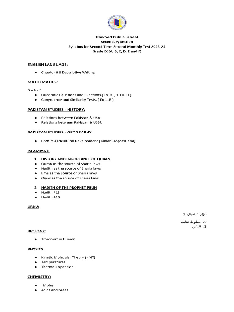 Second Term Syllabus Class 1X | PDF | Sharia | Nutrition