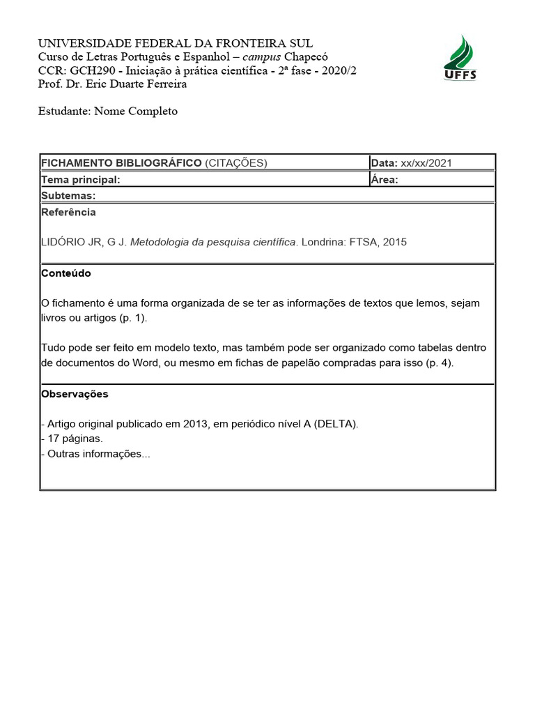 Modelo de Fichamento Bibliografico 2 | PDF