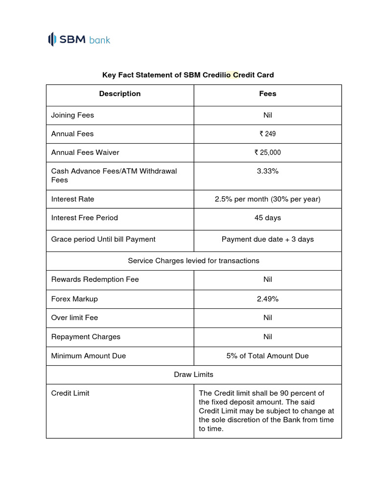 Key Fact Statement of SBM Credilio Credit Card Description Fees | PDF | Credit Card | Interest