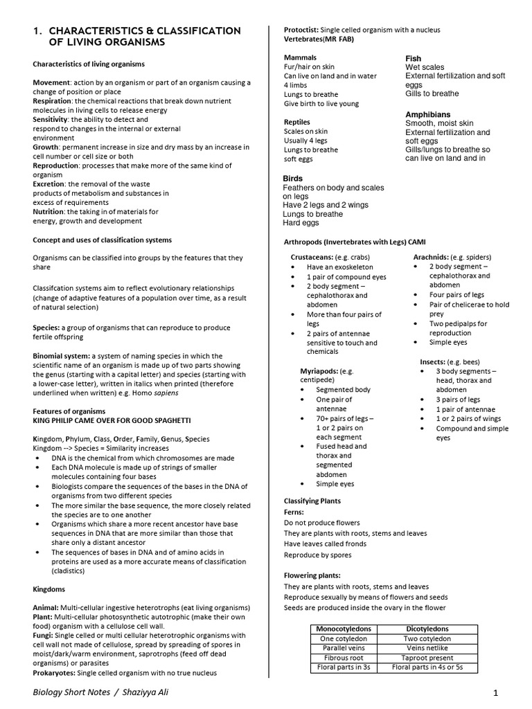 Biology Notes: Organism Classification & Features | PDF | Cell (Biology ...