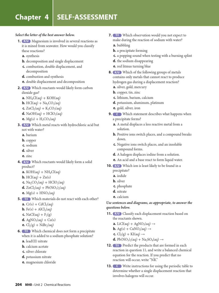 Ch04 Self-Assessment (Student) | Download Free PDF | Chemical Reactions | Sodium