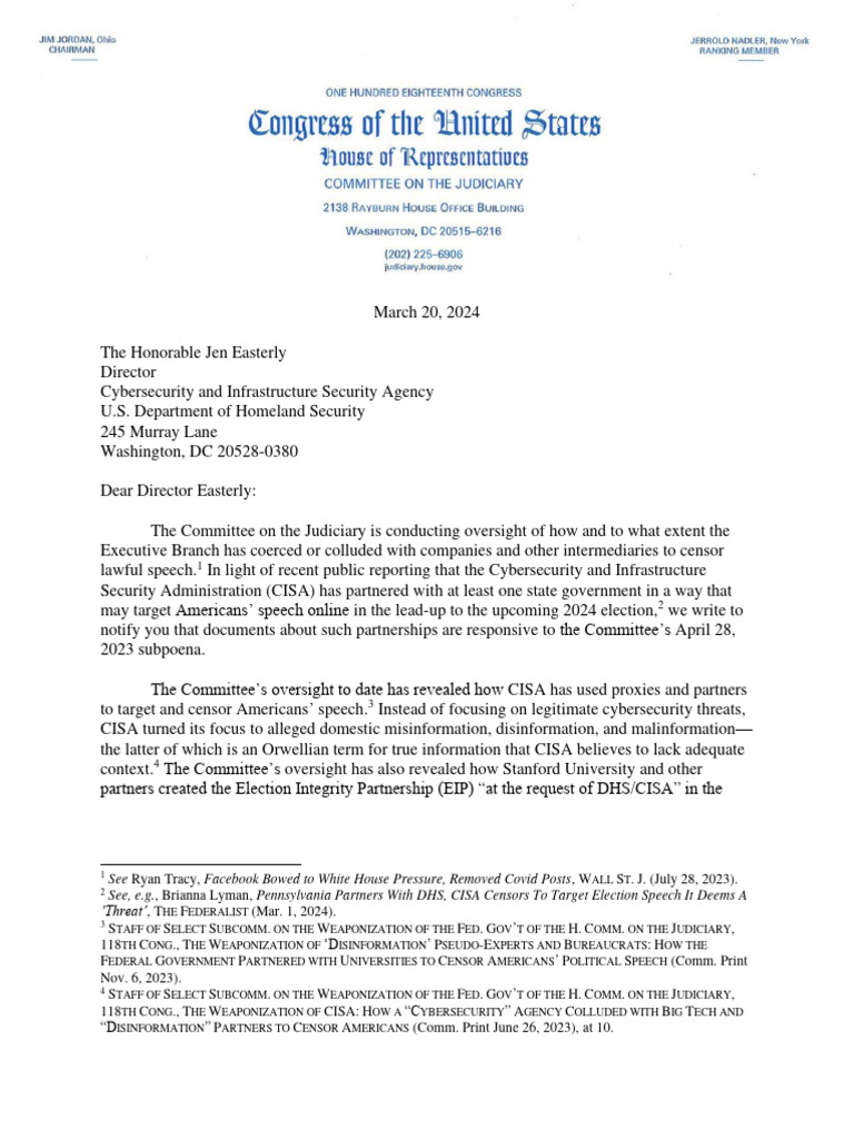 Jim Jordan Sends Letter To CISA | PDF | Federal Government Of The ... Jim Jordan Sends Letter To CISA | PDF | Federal Government Of The ...