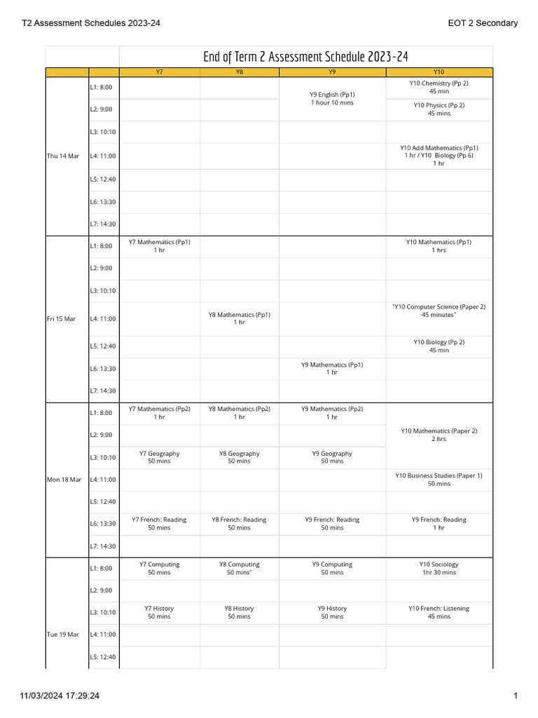 T2 Assessment Schedules 2023-24 - EOT 2 Secondary | PDF | Science