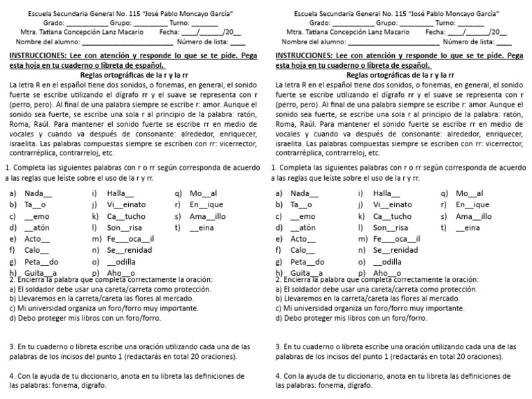Actividad Uso de r y Rr _ Suplencia 02 | PDF | Lengua española | Idiomas