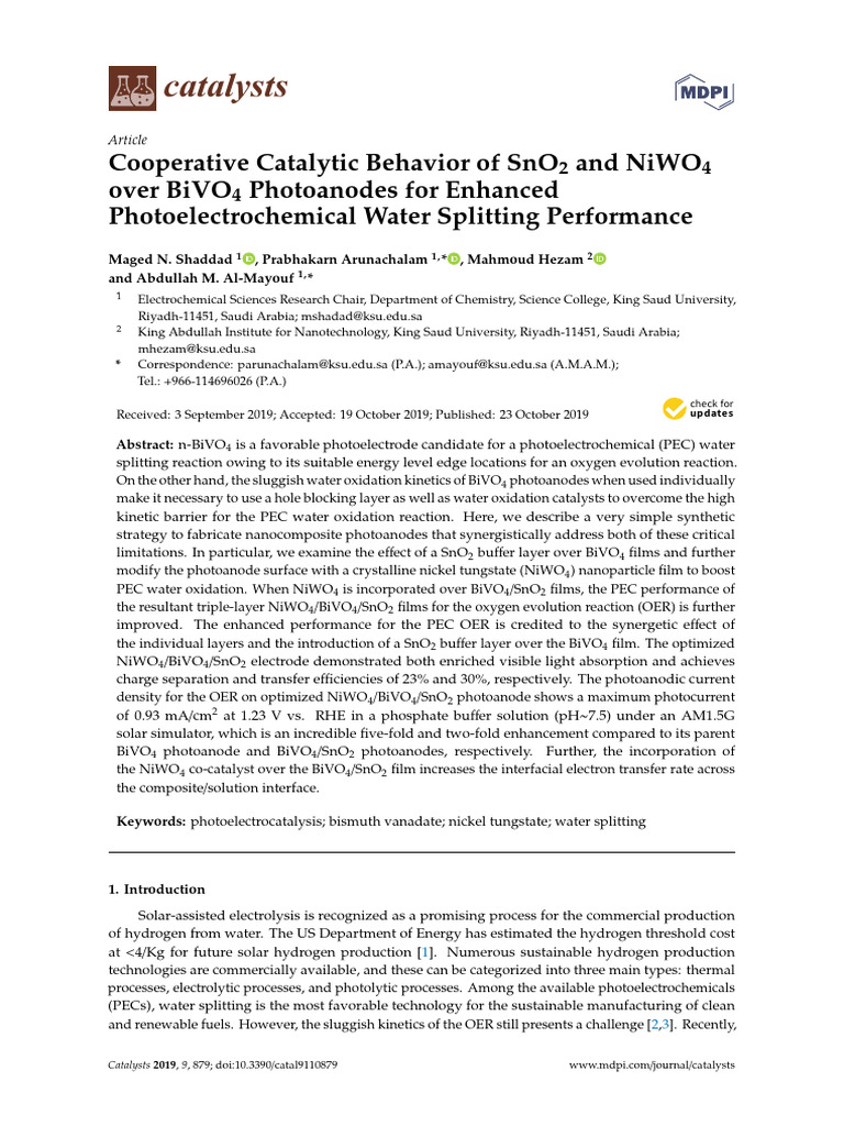 SnO2 and NiWO4 Enhance BiVO4 Photoanodes | PDF | Catalysis | Physical Chemistry