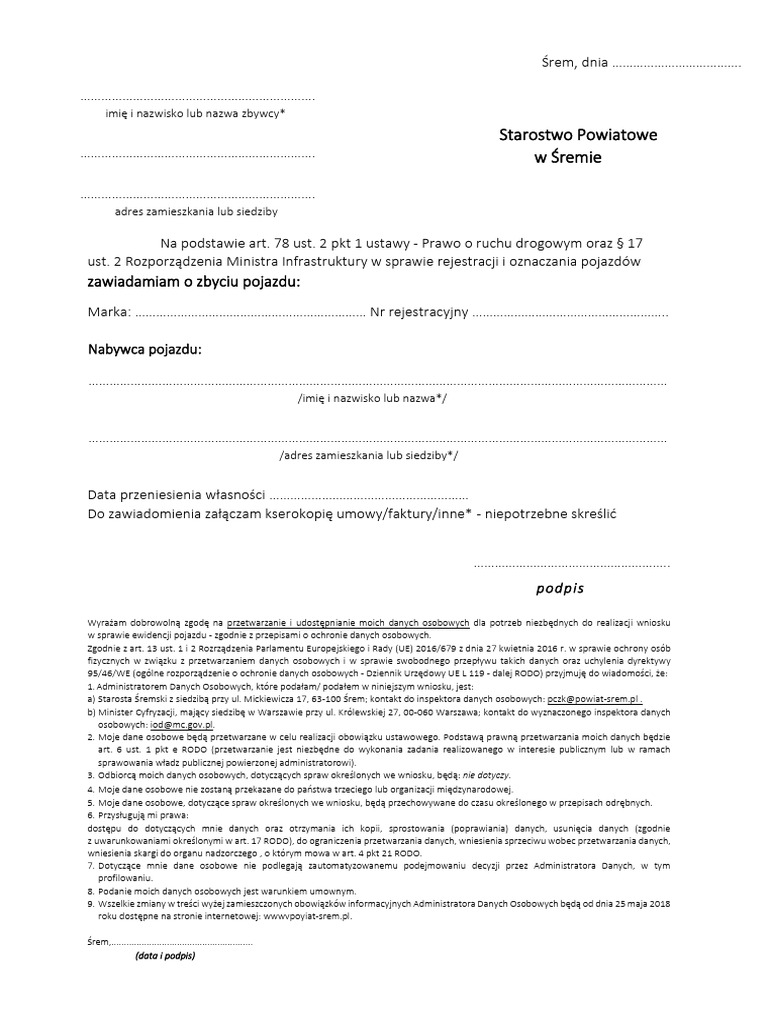 Formularz Wydzialu Komunikacji - Zawiadomienie o Zbyciu Pojazdu 060922 | PDF