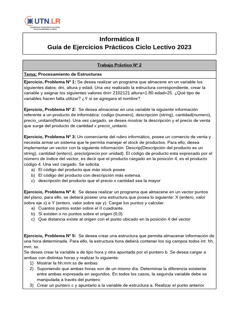 Informática II Guía de Ejercicios Prácticos Ciclo Lectivo 2023 | PDF | Puntero (Programación de ...