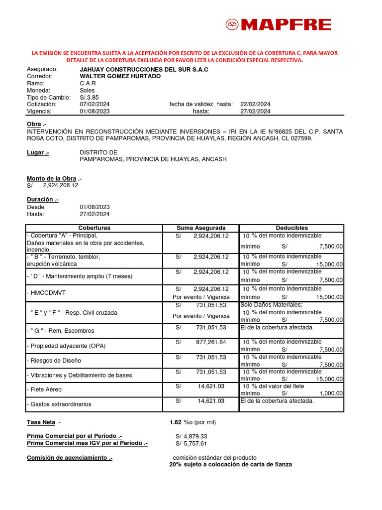 Cotización CAR2 | PDF | Póliza de seguros | Reaseguro