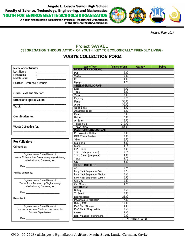 YES-O-Waste-Collection-Form-Revised-2023 | PDF